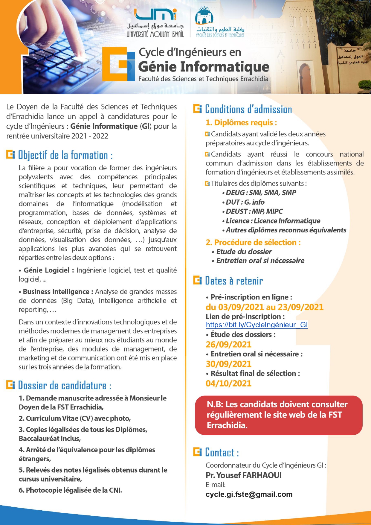 Cycle d'ingénieur FST Errachidia 2021-2022