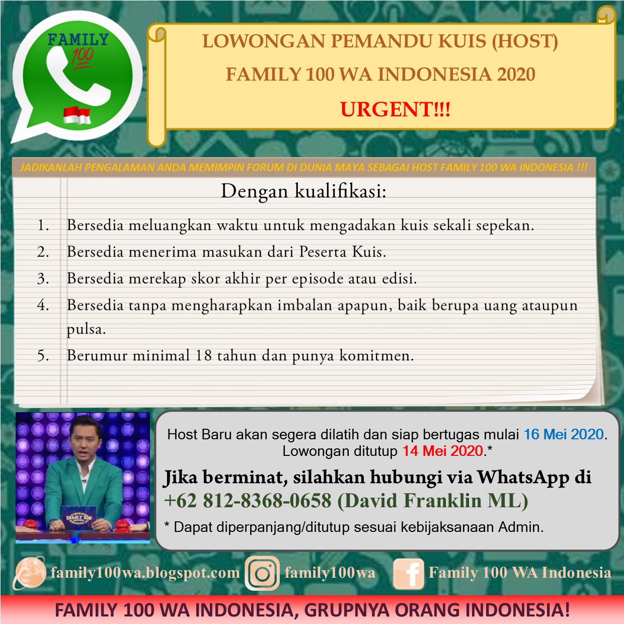 FAMILY 100 WA INDONESIA: Family 100 WA Indonesia Membuka Lowongan Host ...