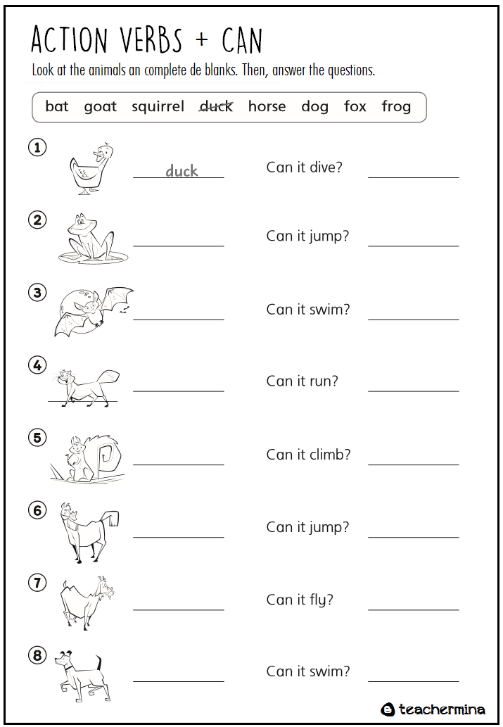 Teachermina: [activity] action verbs + can + animals
