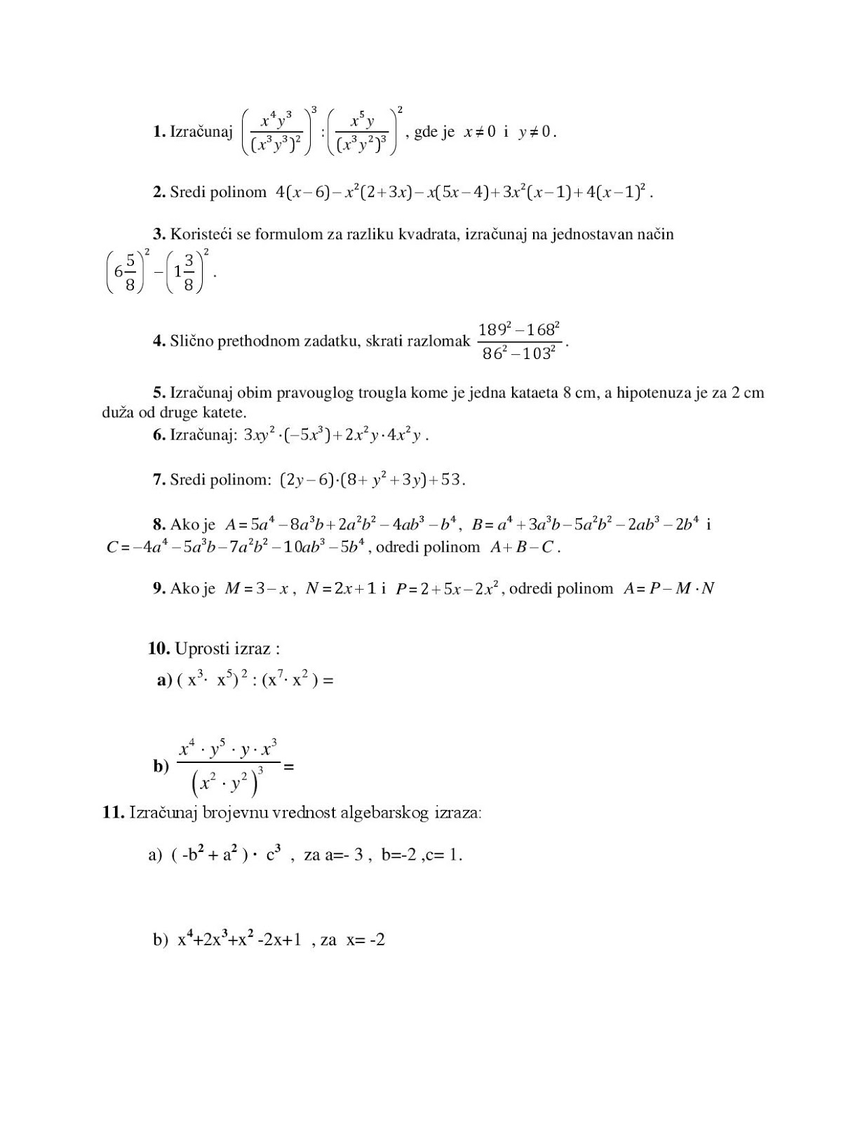 matematikanainternetu: Zadaci za vežbanje za VII razred - Polinomi I deo