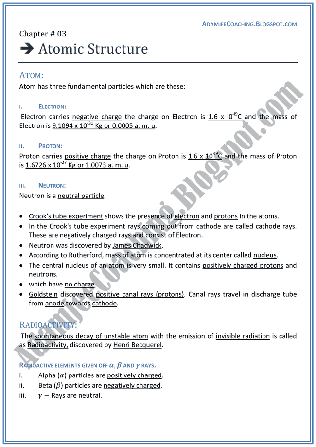 Adamjee Coaching: XI Chemistry Lectures - Atomic Structure