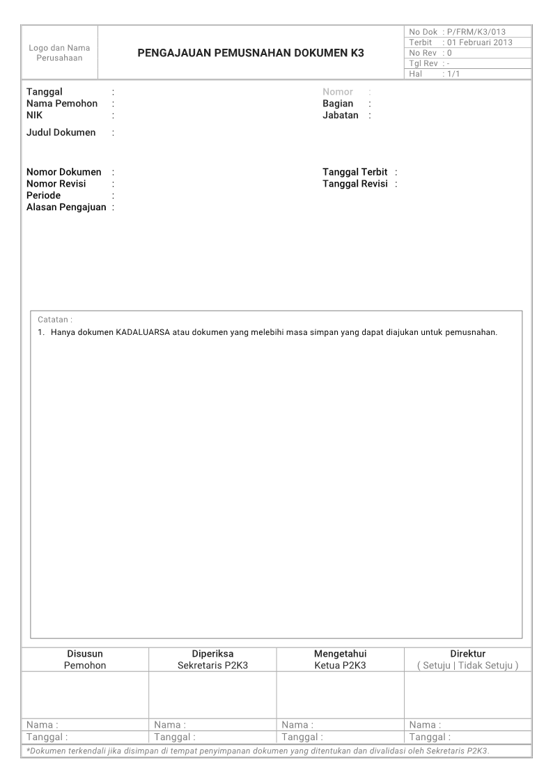 Formulir Pengajuan Pemusnahan Dokumen K3 - Manajemen K3 Umum