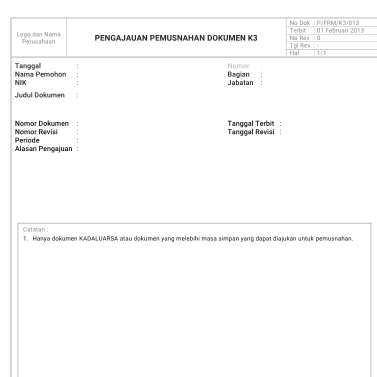 Formulir Pengajuan Pemusnahan Dokumen K3 - Manajemen K3 Umum