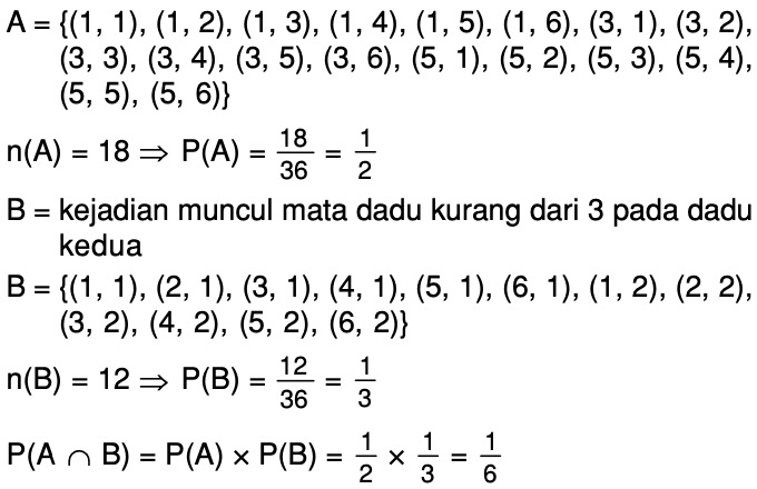 Dua buah dadu dilemparkan bersama-sama. Tentukan peluang muncul mata ...