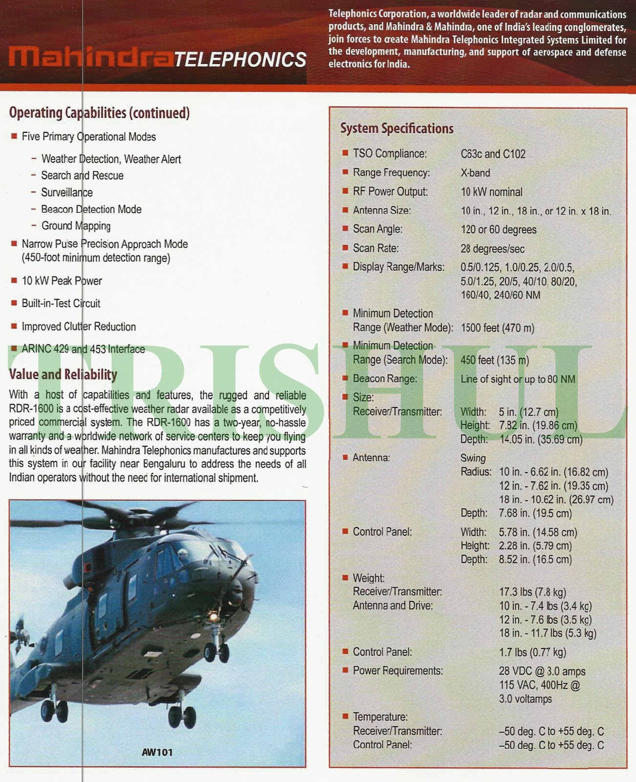 Mahindra Telephonics (MTIS) RDR Series Airborne Weather Radar ...