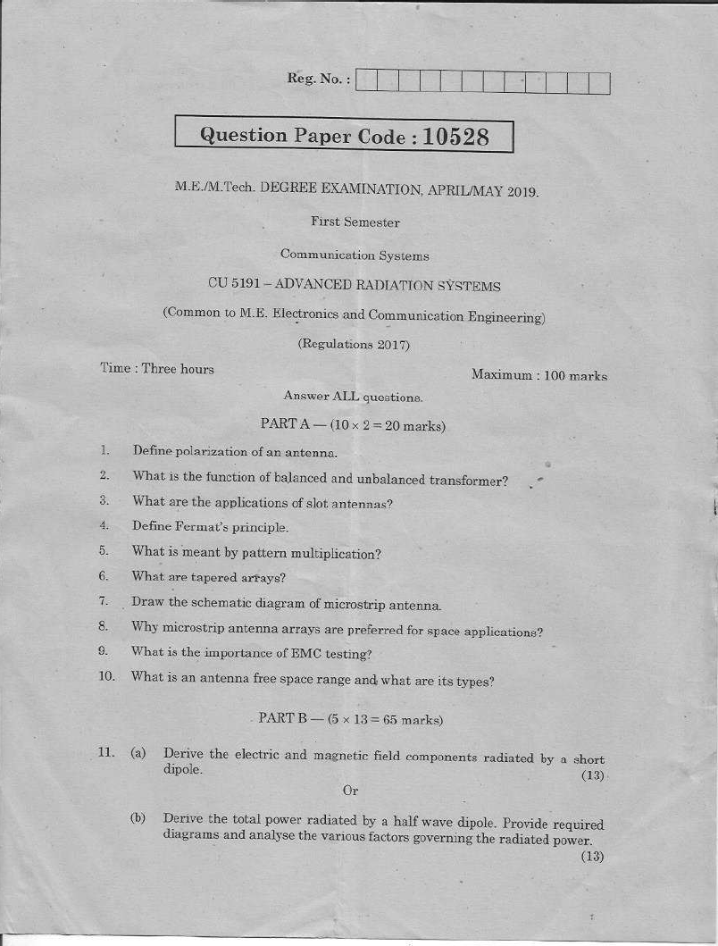 Anna University CU 5191-Advanced Radiation Systems APRIL MAY 2019 ...
