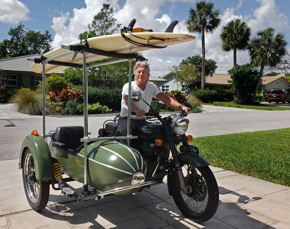RoyalEnfields.com: His Royal Enfield sidecar rig takes him surfing