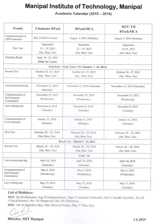Class Notes : Manipal Institute of Technology: Academic Calendar 2015-2016