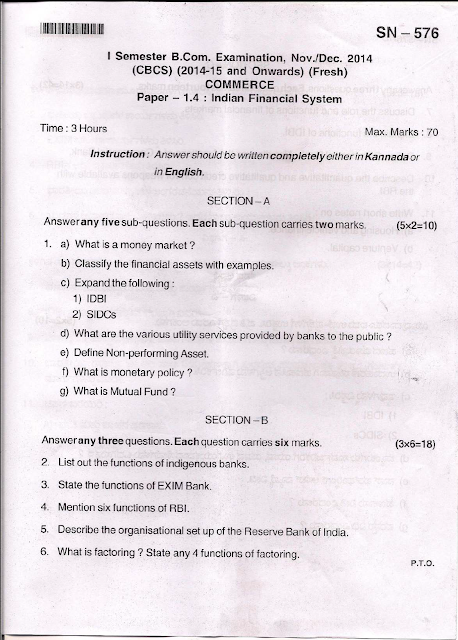 Bangalore University B.Com. PAPER-1.4: INDIAN FINANCIAL SYSTEM Nov/Dec ...