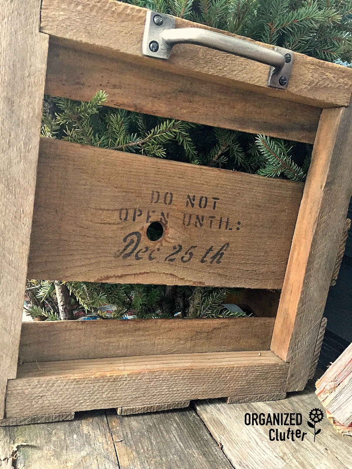 Stenciled Rustic Christmas Crate With Spruce Tips/Tops - Organized Clutter