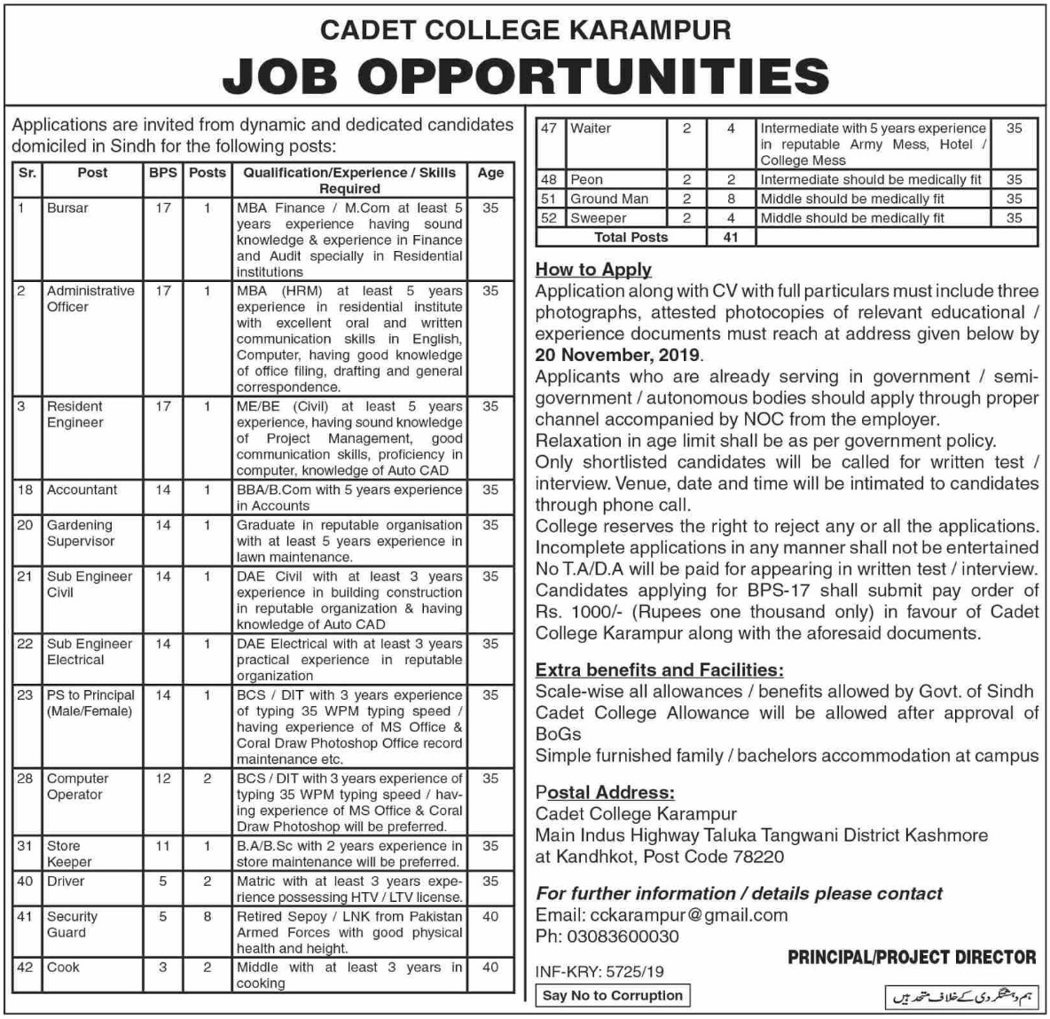 Cadet College Karampur Kashmore Jobs 2019 Sindh