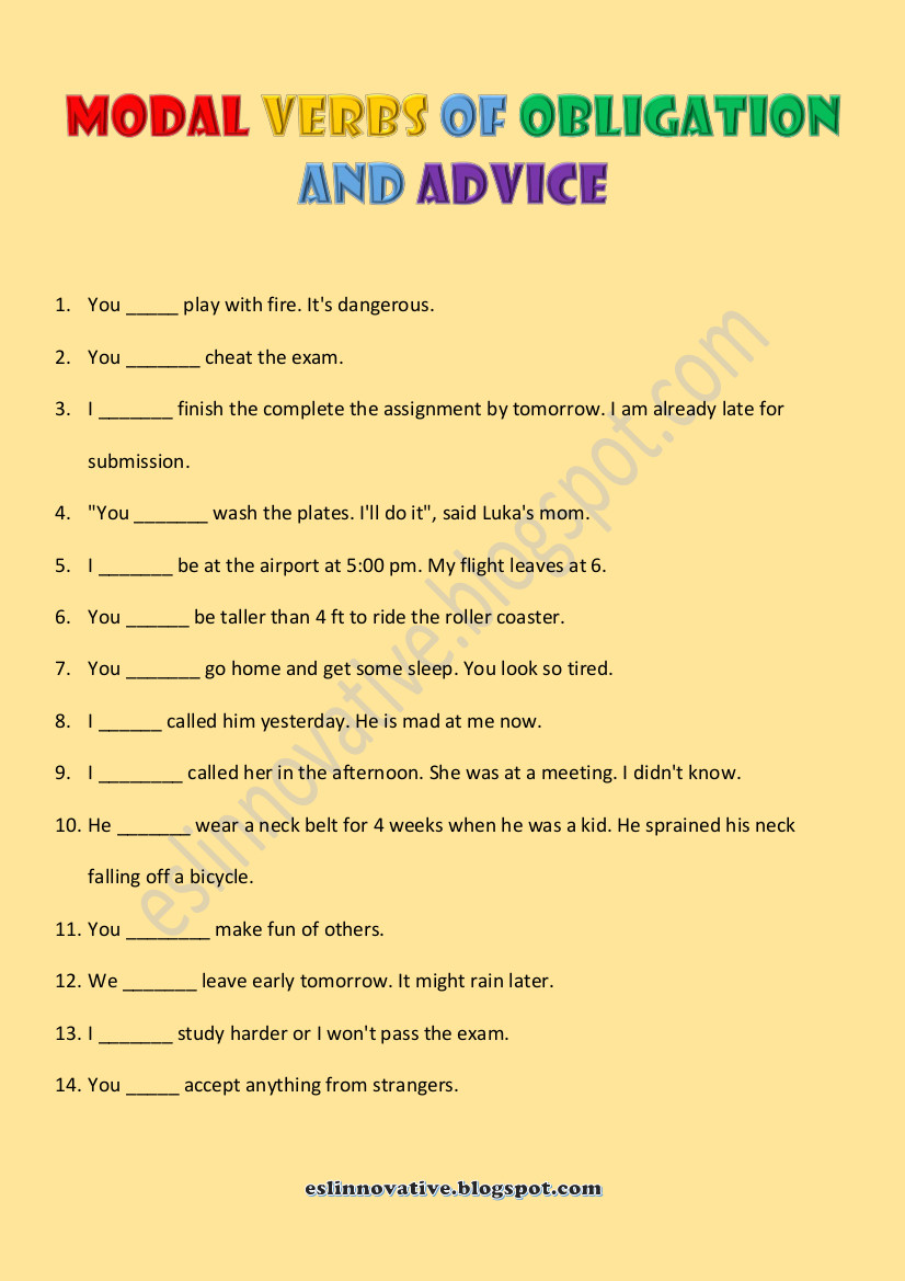 Modal verbs of Obligation and Advice - Must & Should ~ ESL Innovative