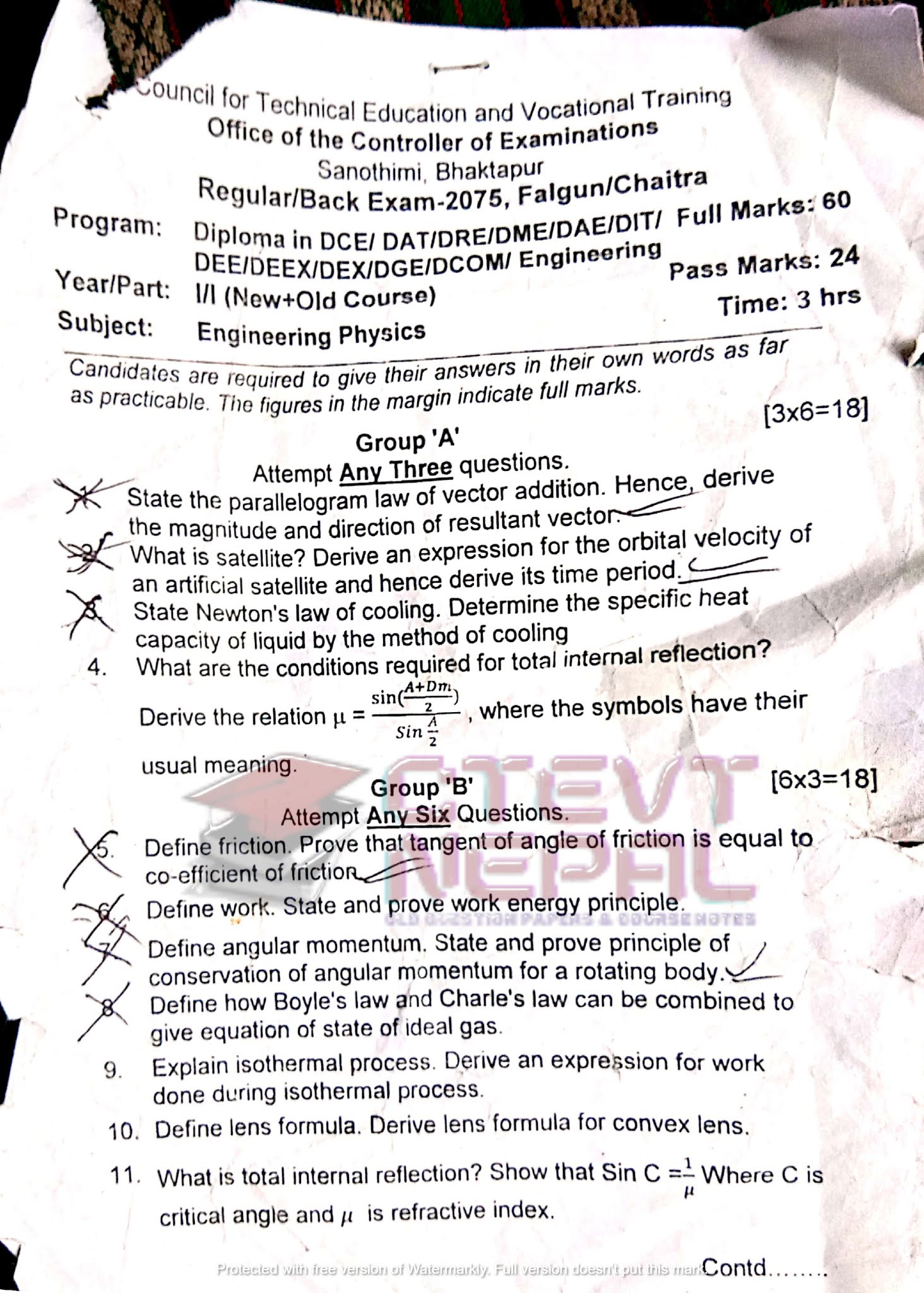 Engineering Physics I - 1st Semester Question Papers CTEVT | Diploma in ...