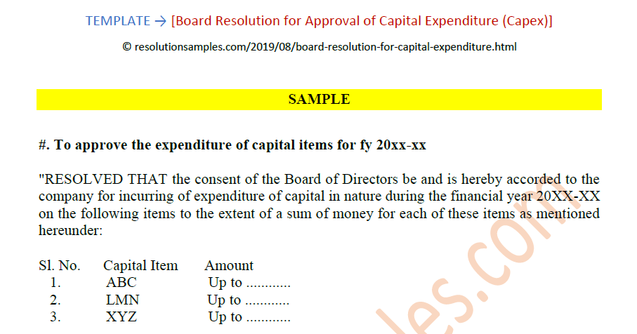Draft Board Resolution: Approval of Capital Expenditure (Capex)