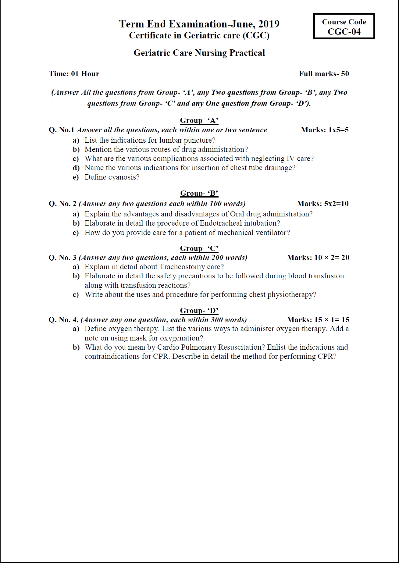 OSPU CGC geriatric care nursing practical June 2019 Question Paper ...