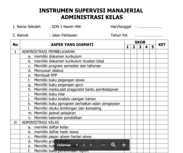 Contoh Instrumen Supervisi Kurikulum 2013 Untuk SD | Berkas Wali Kelas