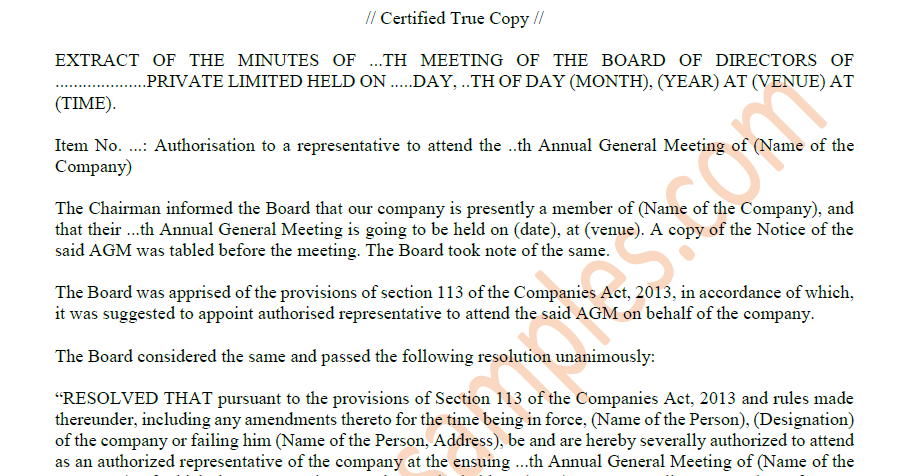 Board Resolution for Authorisation to Attend AGM (Section 113)