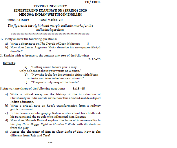 TEZPUR UNIVERSITY (TU/CODL) SEMESTER END MEG 304: INDIAN WRITING IN ...