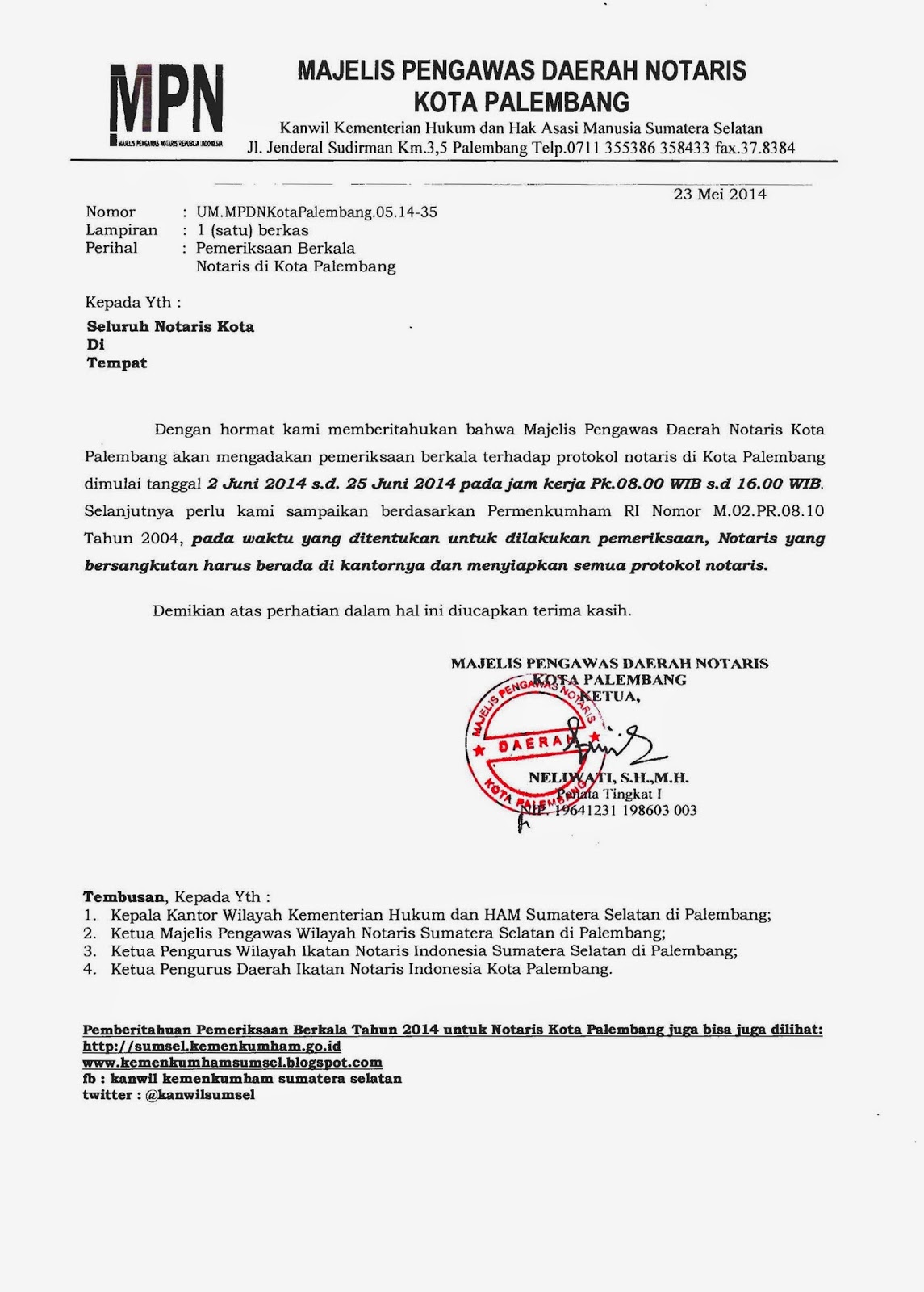 Kanwil Kemenkumham Sumsel: Pemeriksaan Berkala Notaris di Kota Palembang