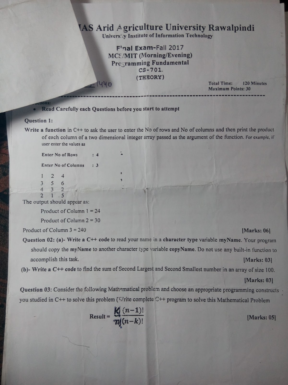 MIT/MCS/BS(CS), BS(IT) OLD PAPERS: Programming Fundamentals