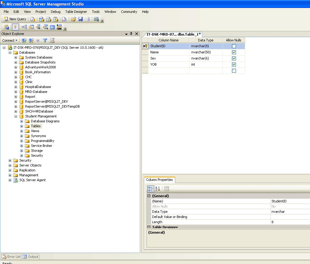 Camsources Create New Table In Sql Server 2008