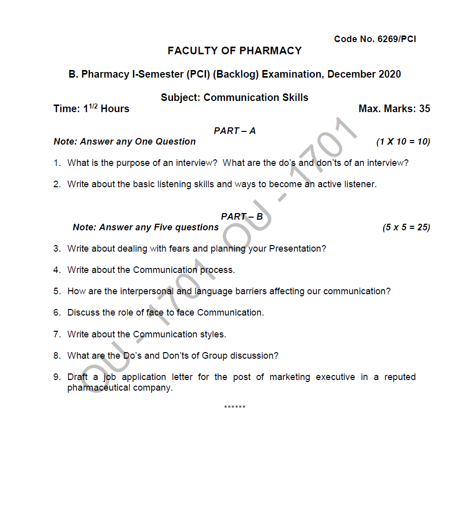 Osmania University B. Pharmacy I-Semester. (PCI) (Backlog) Subject ...