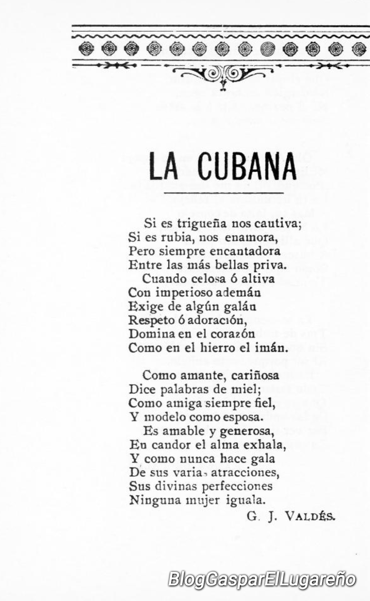 Gaspar, El Lugareño: La cubana (un poema de G. J. Valdés)