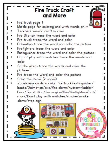 Fire Truck Craft and More ~ Preschool Printables