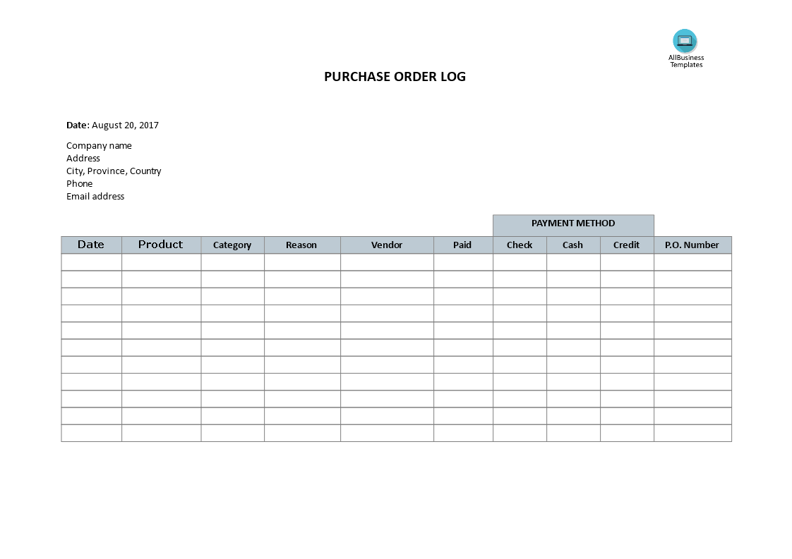 Purchase Order Log Template - Invoice Template