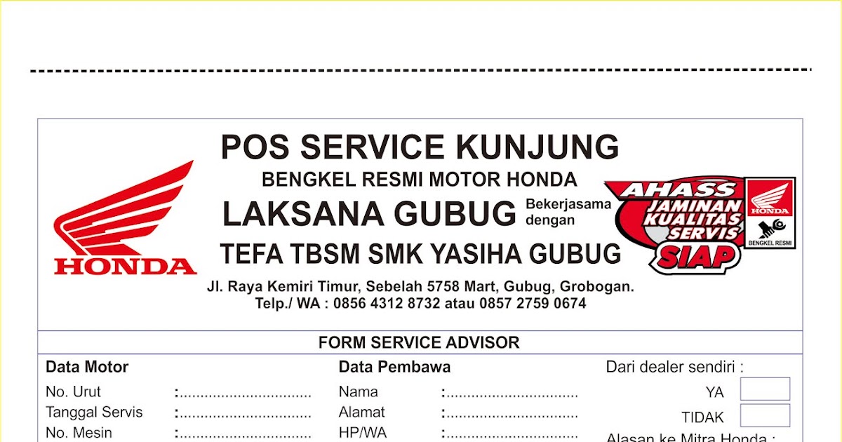 Belajar: Contoh Nota - Bengkel Resmi Honda Tefa TBSM SMK YASIHA Gubug