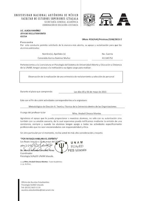 Entrevista de selección : CARTA DE LA UNAM