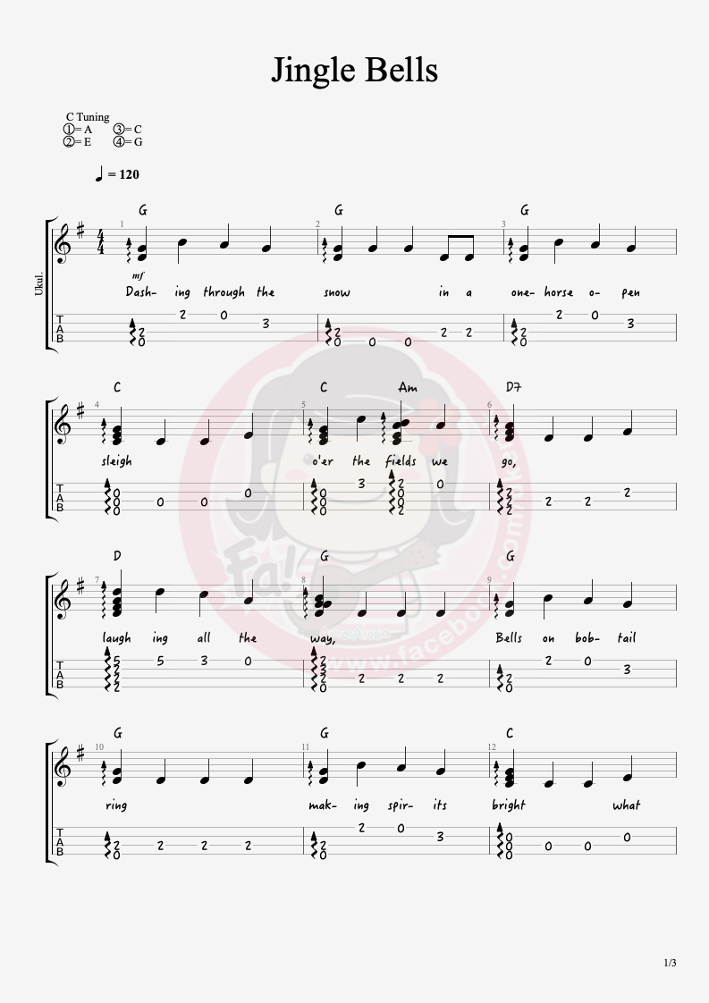 ukulelemania: #279 Jingle Bells Ukulele Solo譜