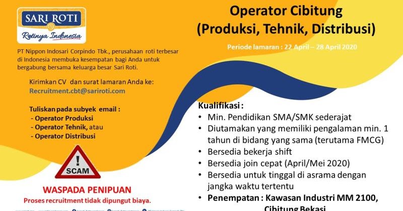 Lowongan Kerja PT Nippon Indosari Corpindo (Sari Roti) Posisi Operator ...