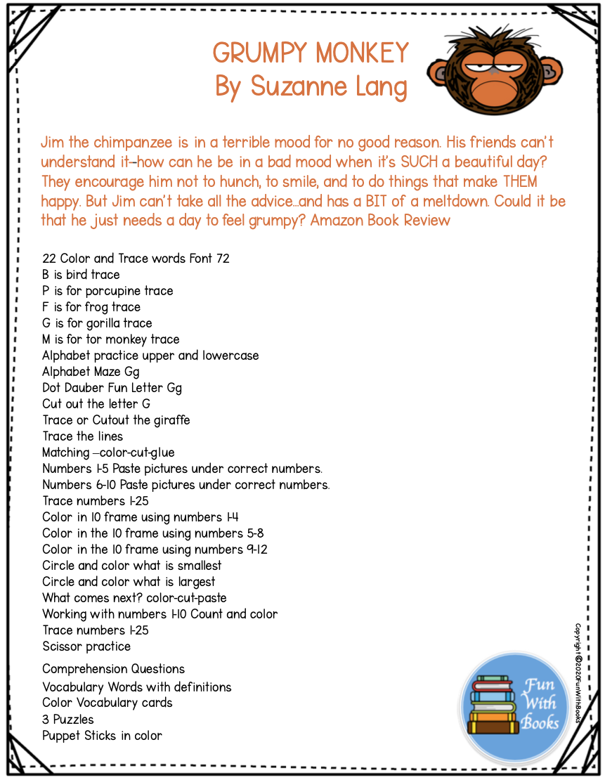 GRUMPY MONKEY BOOK UNIT 73 PAGES ~ Book Units by Lynn