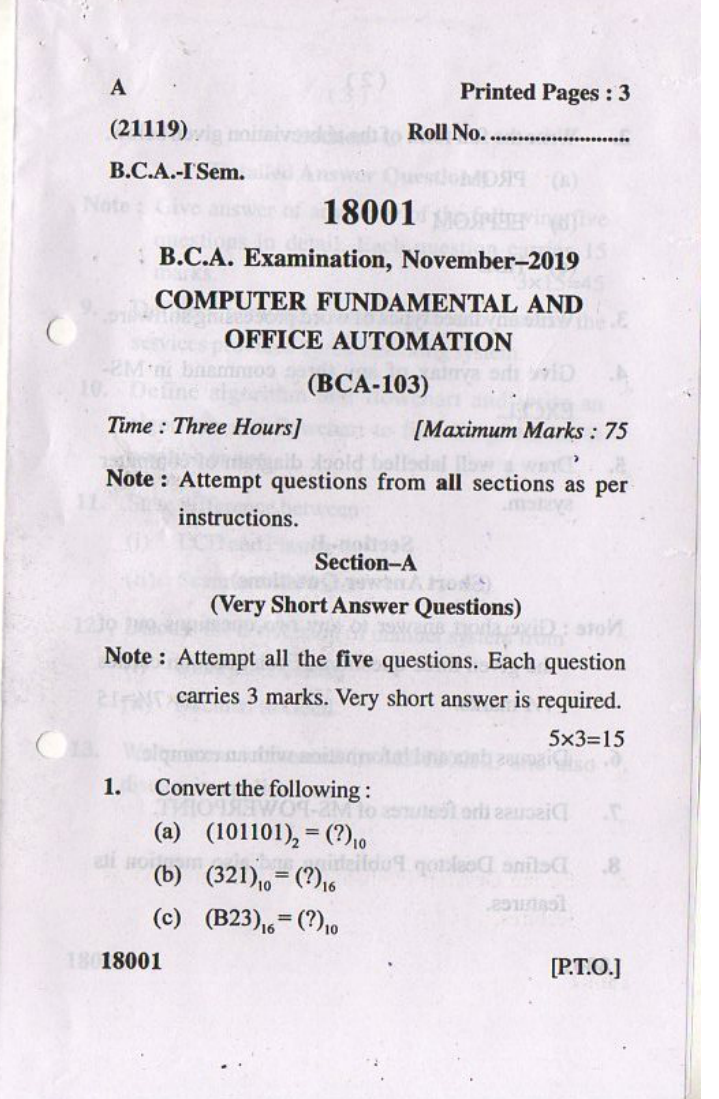 BCA- Computer Fundamental Old Question Paper