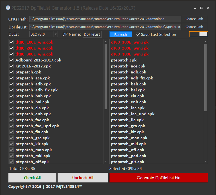 PES 2017 DpFileList Generator 1.5 (Support DLC 3.0+64 File CPK) - Patch ...