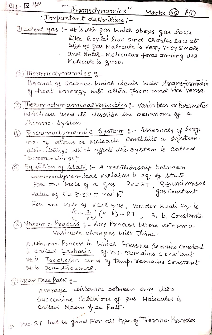 Thermodynamics Handwritten Notes for 11th Class Physics