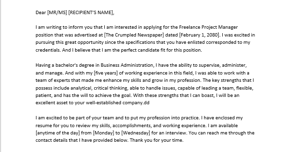 Freelance Job Application Cover Letter Sample