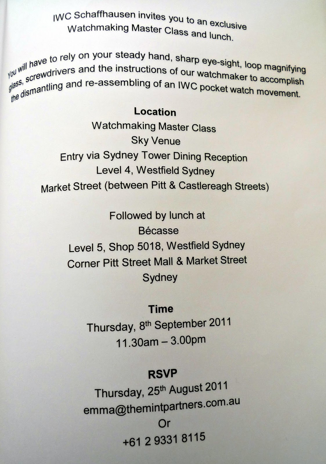 THE SYDNEY TARTS: IWC watchmaking workshop & lunch at Becasse