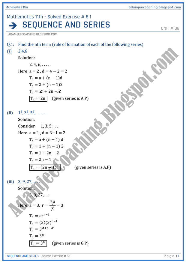 Adamjee Coaching: Sequence and Series - Exercise 6.1 - Mathematics 11th