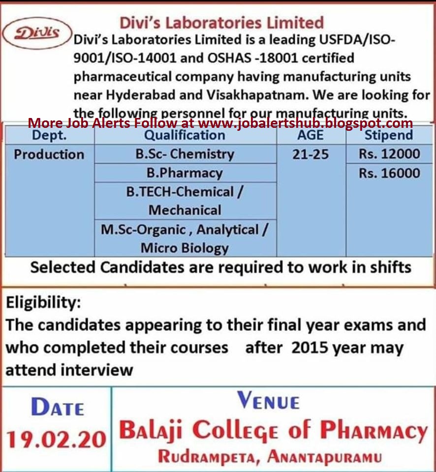 Divis Laboratories Limited - Walk-In Drive for B.Pharm / B.Sc / M.Sc / B.Tech Freshers on 19th ...