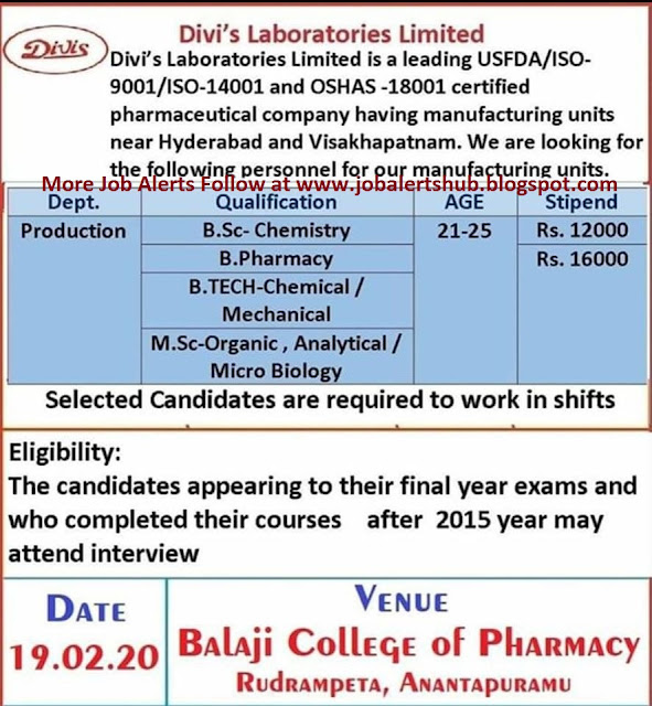 Divis Laboratories Limited - Walk-In Drive for B.Pharm / B.Sc / M.Sc / B.Tech Freshers on 19th ...