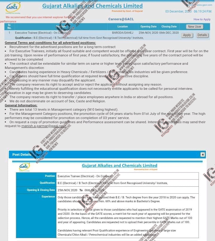 GACL (Gujarat Alkalies and Chemicals Limited) Dahej jobs for B.E B.tech ...