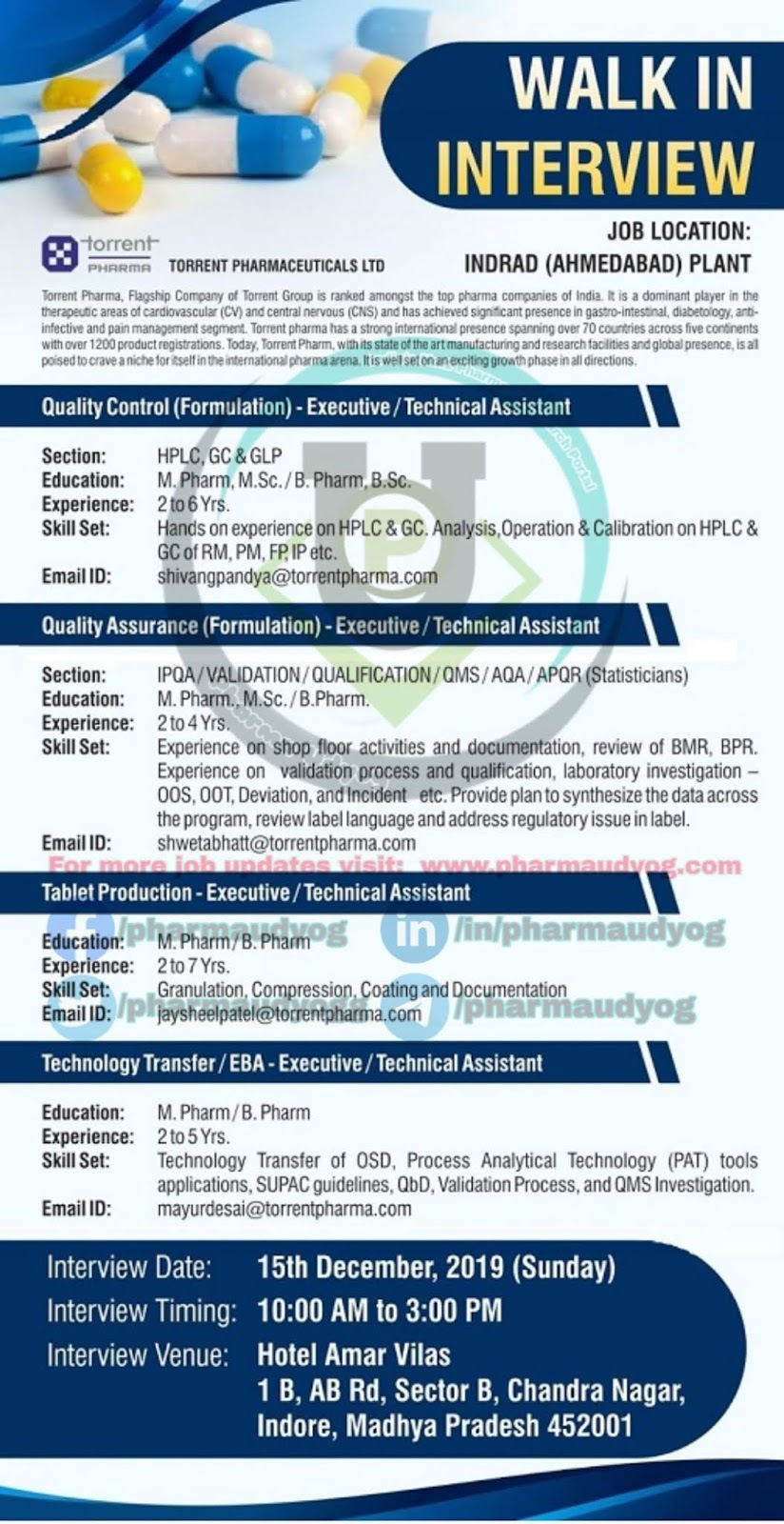 Torrent Pharma | Walk-in for Production-QC & Technology Transfer on 15 Dec 2019 | Pharma Jobs in ...