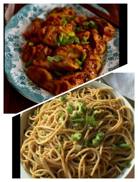 Chilly momos and garlic noodles