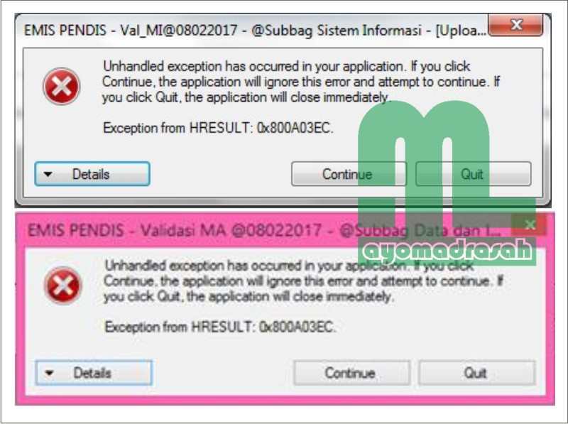 Solusi Error Emis Exception From Hresult 0x800a03ec Ayo Madrasah
