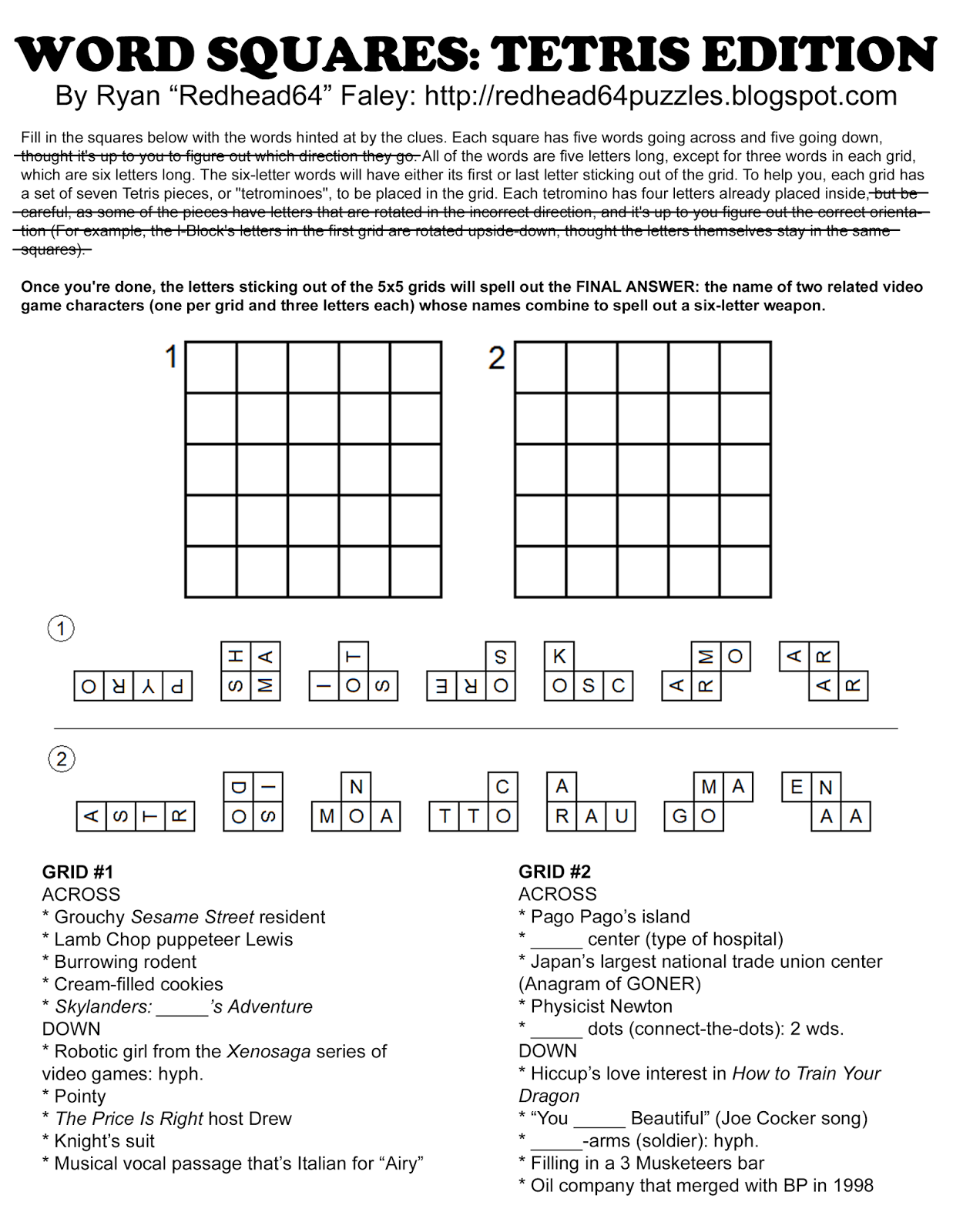 Redhead64's Obscure Puzzle Blog!: EASY VERSION: Word Squares: Tetris ...