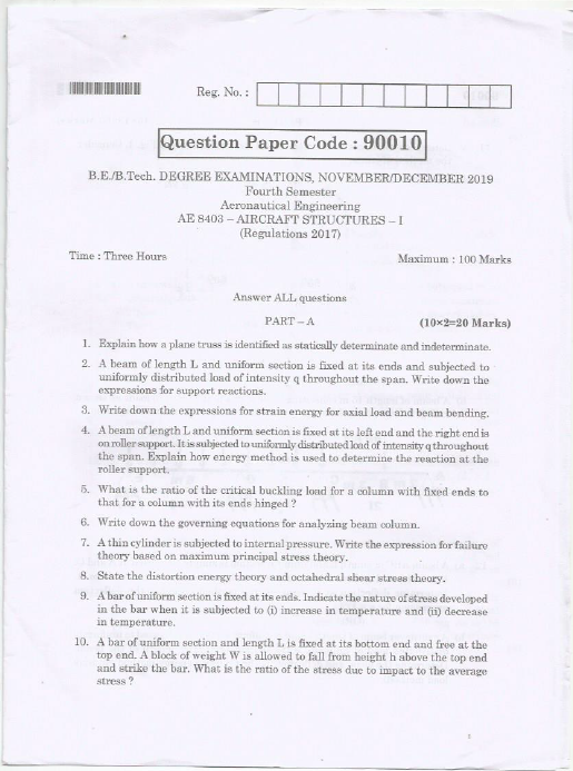 Anna University AE 8403 Aircraft Structures -I November/December2019 ...
