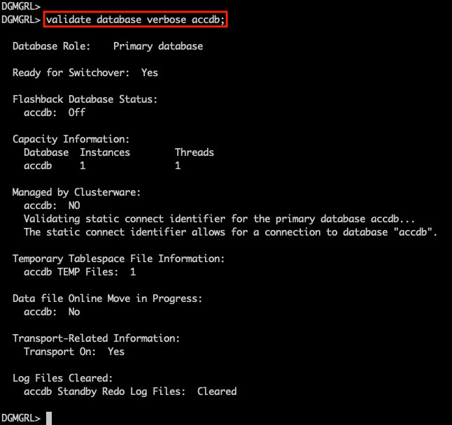 Verify readiness of Database switchover using DG Validate command ...