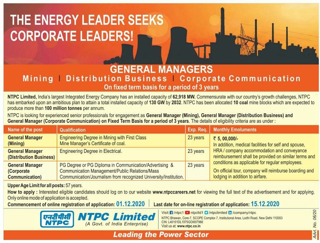 NTPC Limited - Recruitment of General Managers in Mining / Distribution ...
